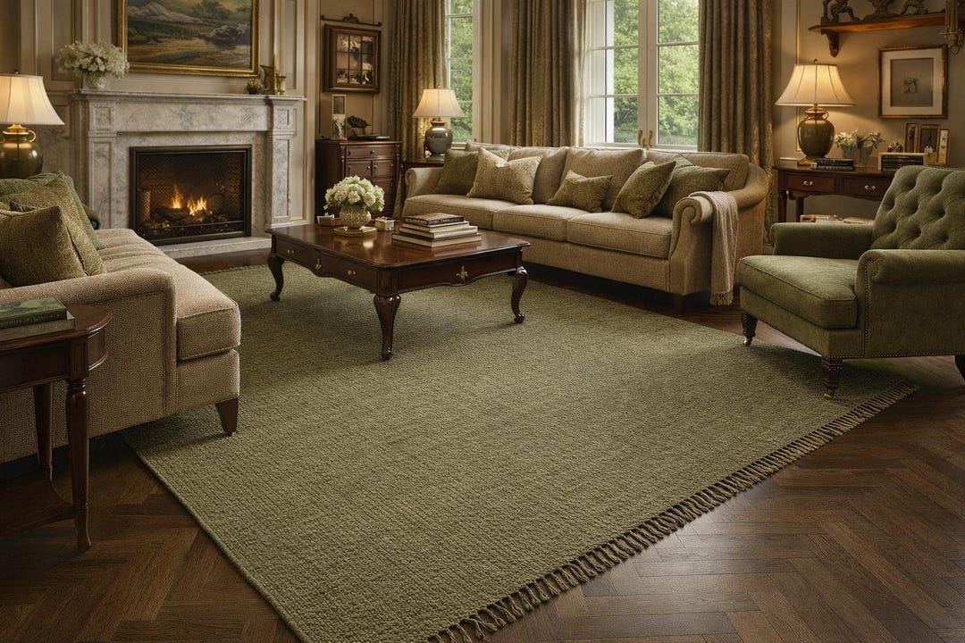 Handwoven Olive Green Jute Rug – Flatweave Natural Fiber Durrie Carpet ...