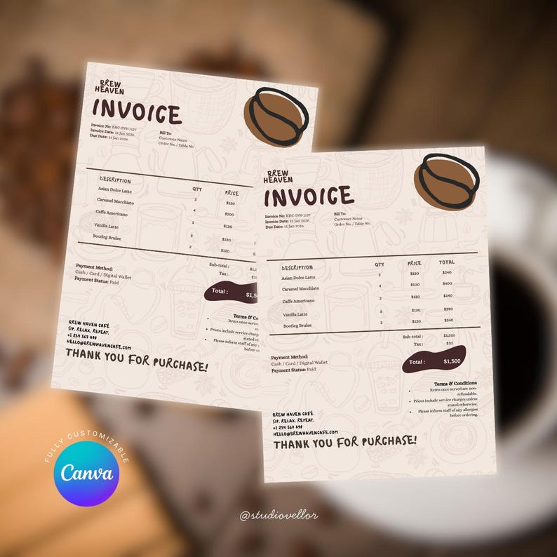 Editable Cafe Invoice Template | Coffee Shop Receipt | Small Business ...