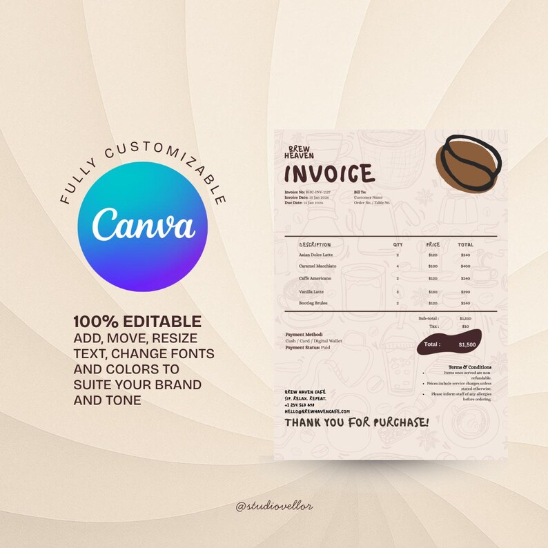 Editable Cafe Invoice Template | Coffee Shop Receipt | Small Business ...