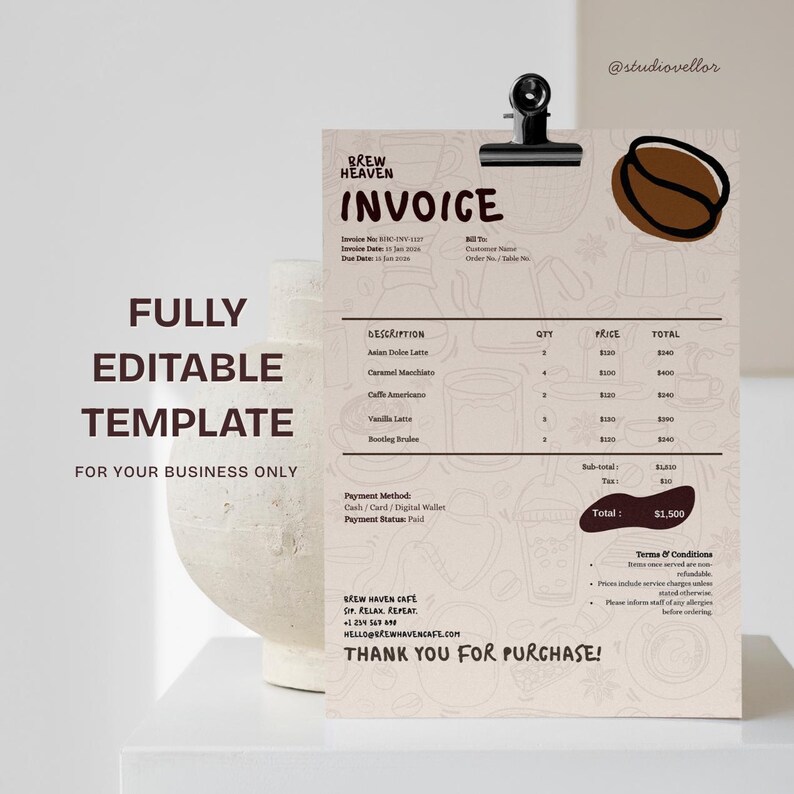 Editable Cafe Invoice Template | Coffee Shop Receipt | Small Business ...