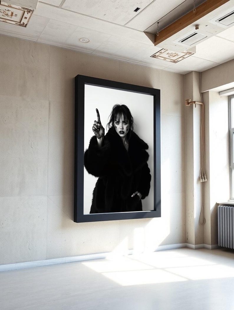 Shush Gesture Wall Art, Bloody Face Woman Portrait, Black Fur Coat ...