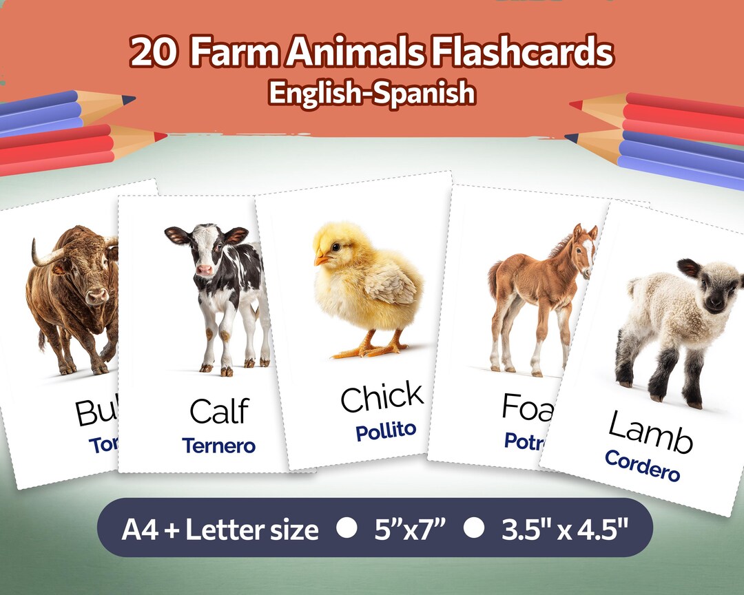 Bilingual Farm Animals Flashcards English Spanish: 20 Language Learning ...