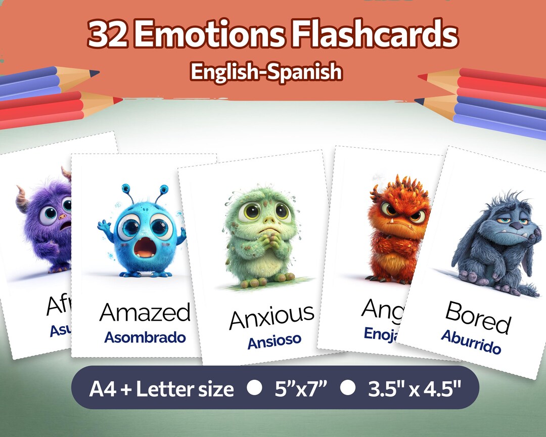 Bilingual Emotions Flashcards English Spanish: 32 Feelings Cards SEL ...