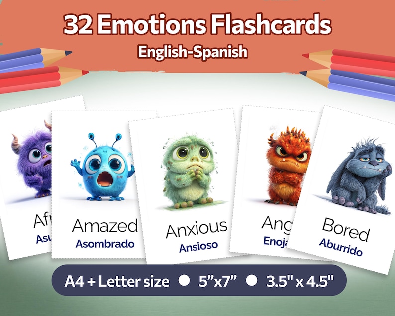 Bilingual Emotions Flashcards English Spanish: 32 Feelings Cards SEL ...