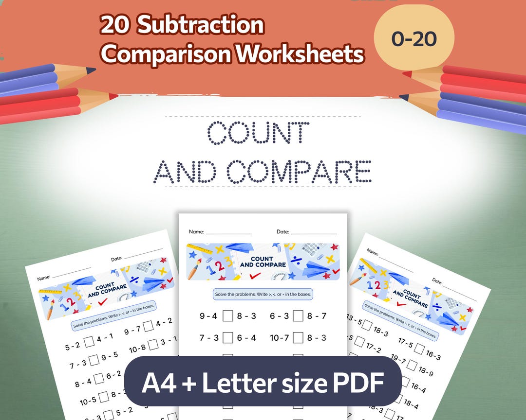 Subtraction Worksheets 1-20: Comparison Greater Equal Less Than Math ...