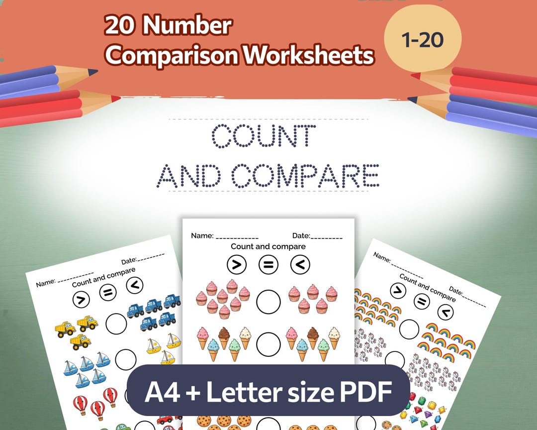 Number Comparison Worksheets 1-20: 20 Count Compare Math Activities for ...