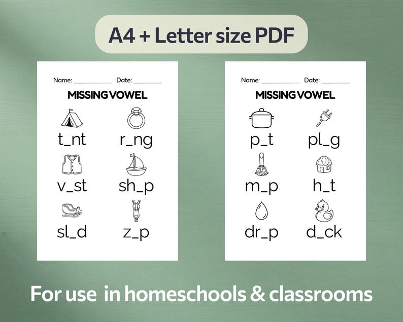 15 Missing Vowel Worksheets Bundle, Printable Phonics Practice for ...