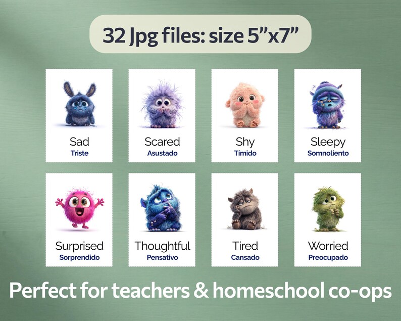 Bilingual Emotions Flashcards English Spanish: 32 Feelings Cards SEL ...