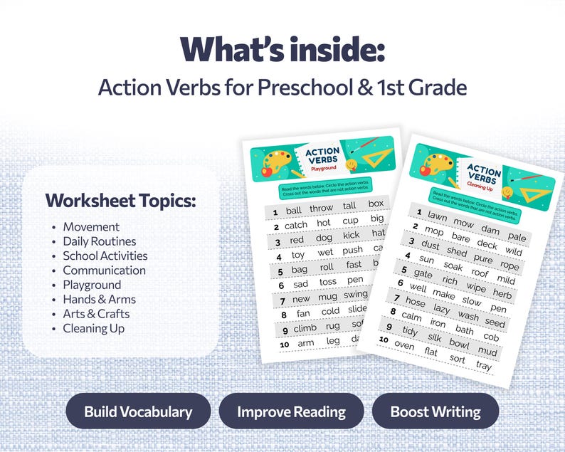 Action Verbs Worksheets: 15 Printable Activity Sets for Kindergarten ...