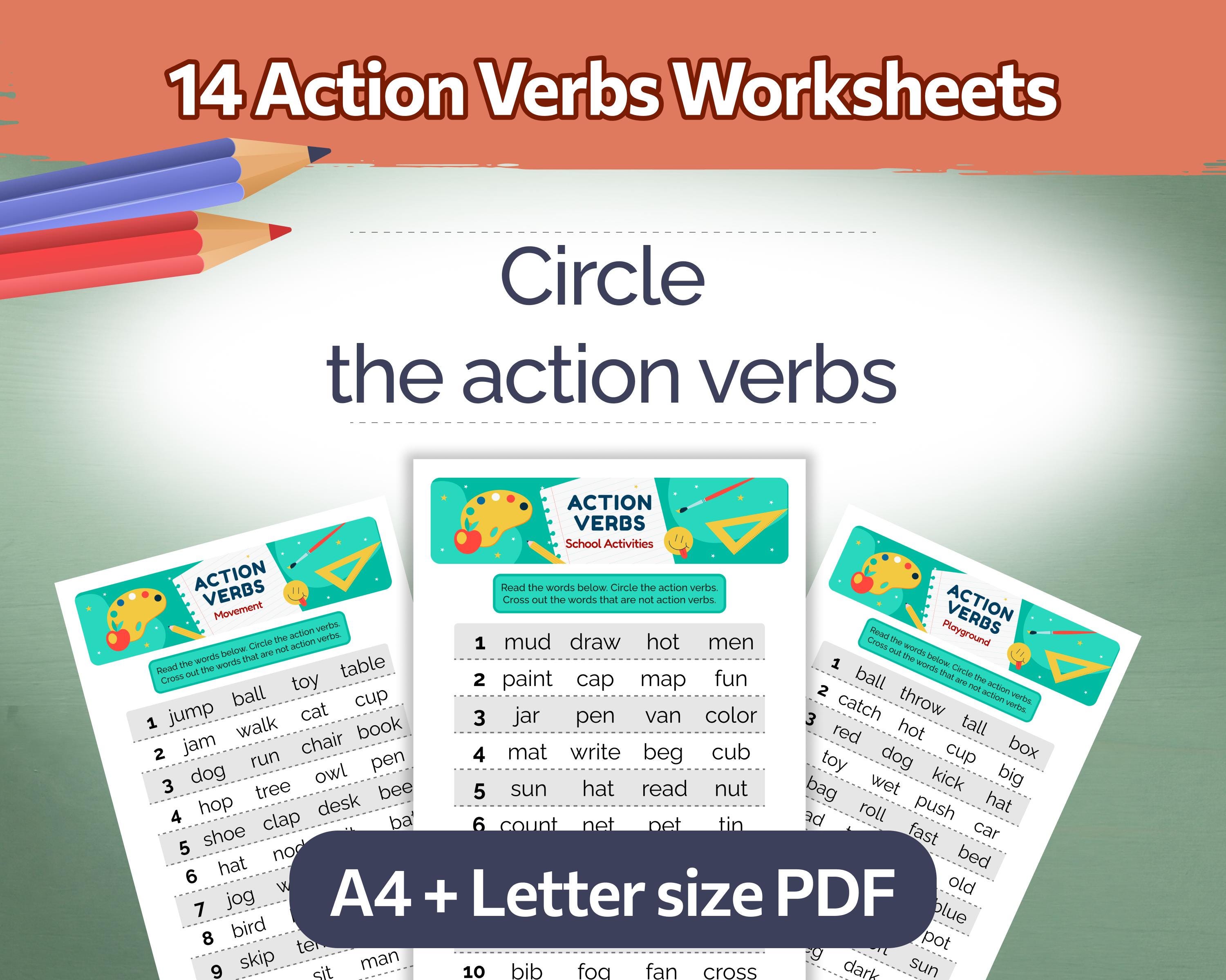 Action Verbs Worksheets: 14 Printable Activity Sets for Kindergarten ...