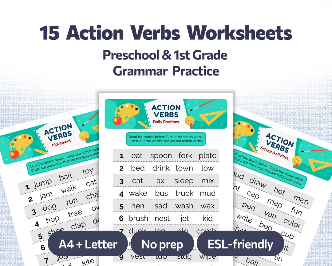 Action Verbs Worksheets: 15 Printable Activity Sets for Kindergarten ...