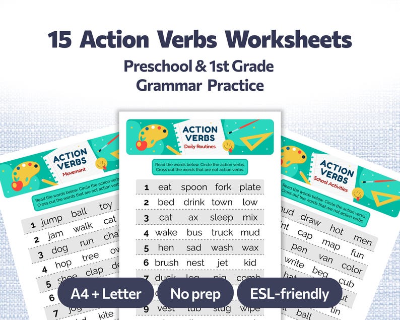 Action Verbs Worksheets: 15 Printable Activity Sets for Kindergarten ...