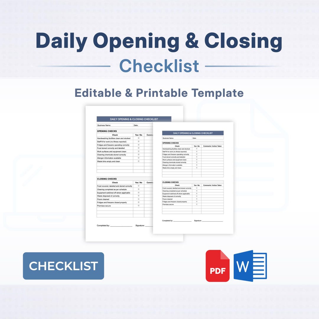 Daily Opening and Closing Checklist | Editable Food Safety Record PDF ...