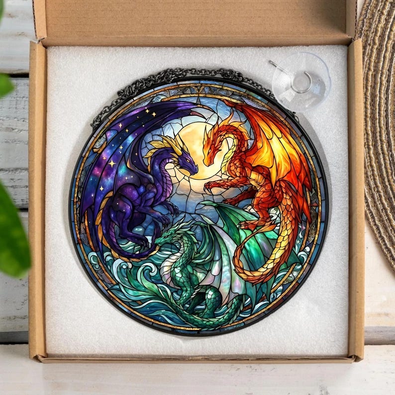 Three Element Dragons Stained Glass Suncatcher, Fantasy Dragon Window ...