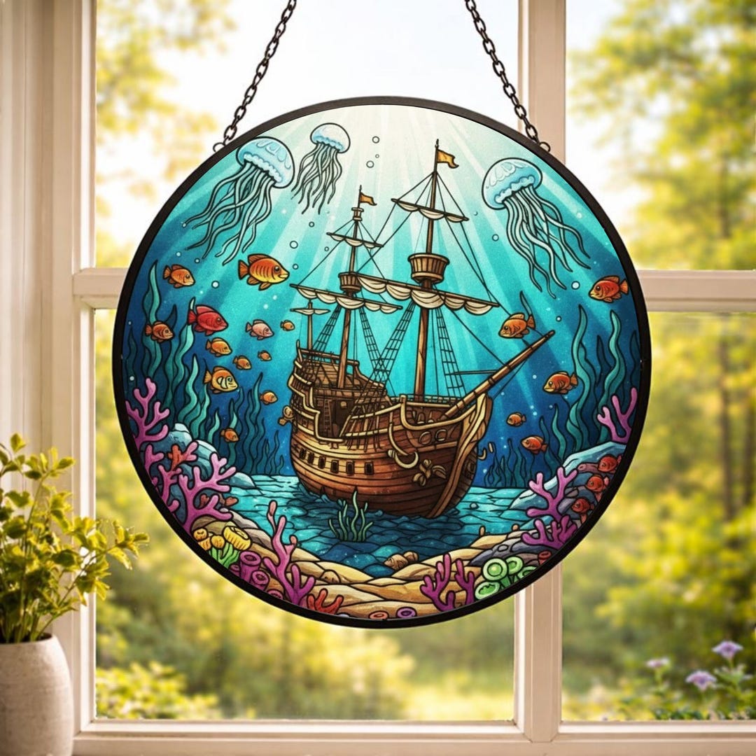 Pirate Ship Suncatcher, Underwater Ocean Stained Glass Panel, Tropical ...