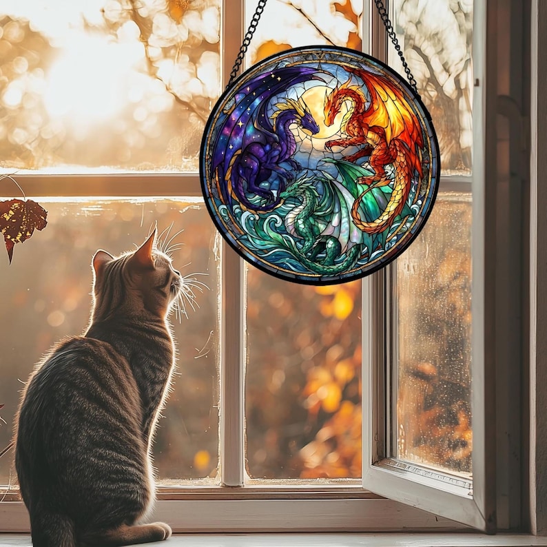 Three Element Dragons Stained Glass Suncatcher, Fantasy Dragon Window ...