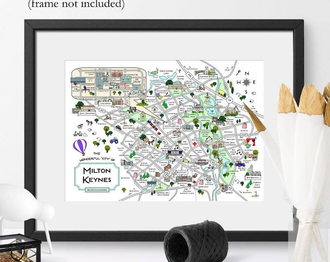 Milton Keynes Illustrated Map Mounted Print A4 A3 MK Olney - Etsy