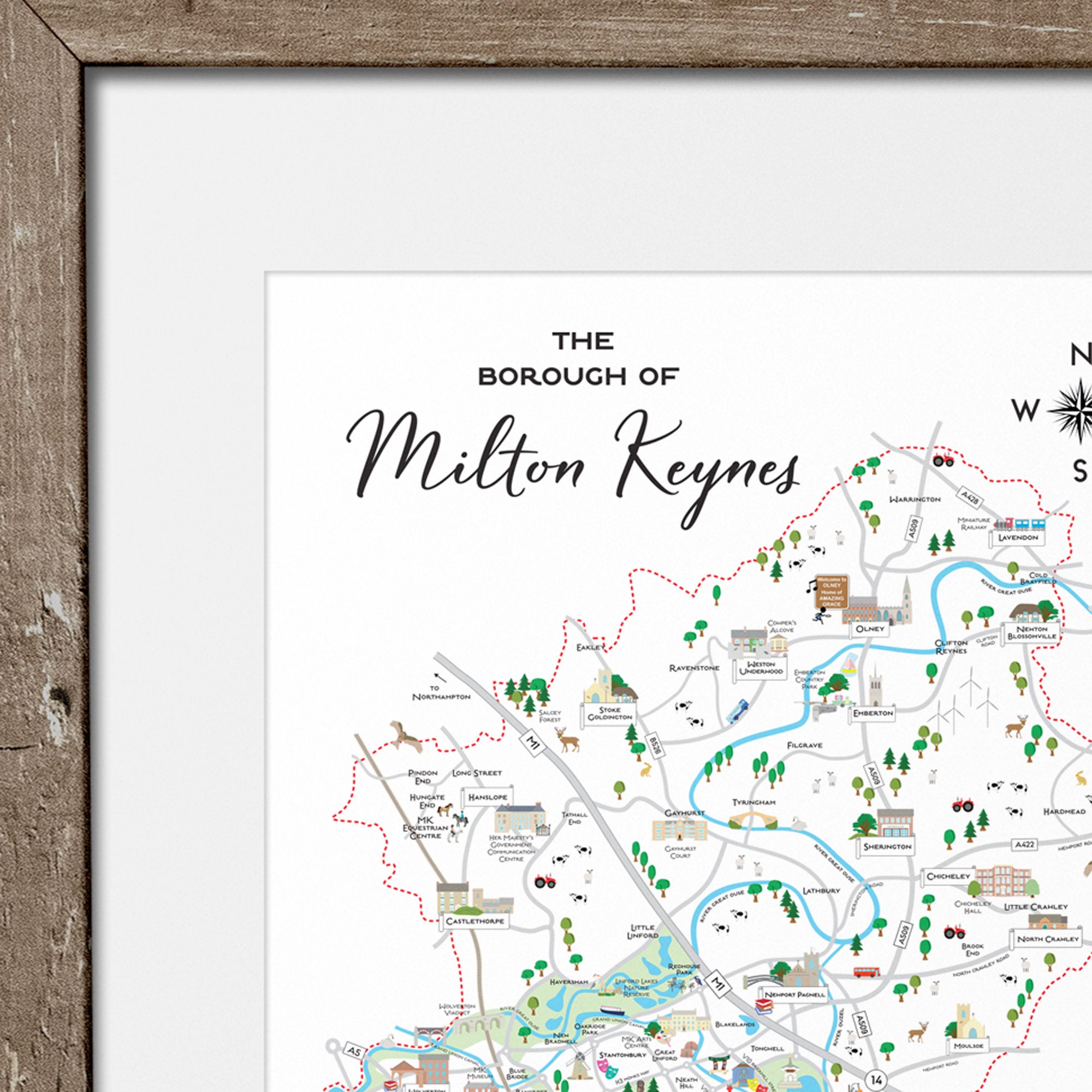 Milton Keynes Borough Illustrated Map Mounted Print A4 A3 | MK | Olney ...