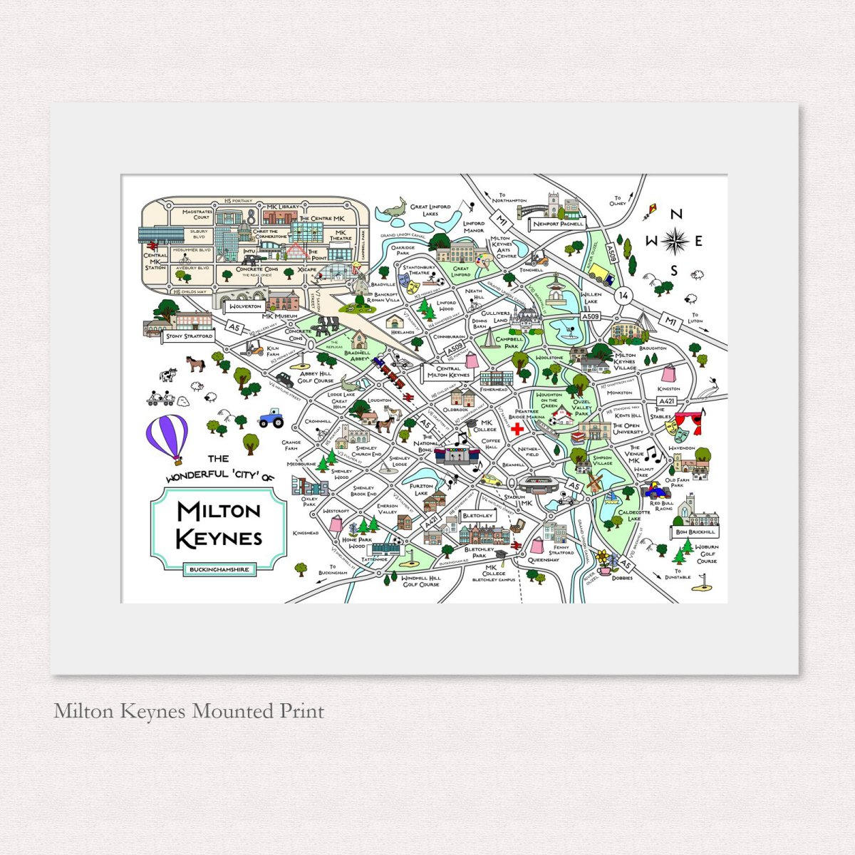 Milton Keynes Illustrated Map Mounted Print A4 A3 | MK | Olney | Stony ...