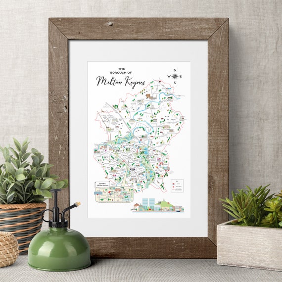 Milton Keynes Borough Illustrated Map Mounted Print A4 A3 MK - Etsy