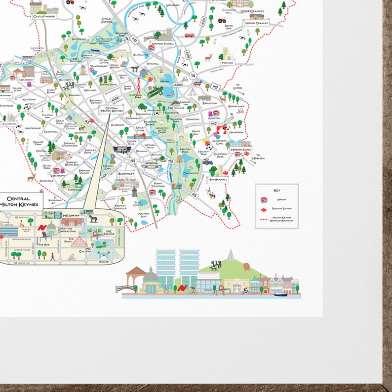 Milton Keynes Borough Illustrated Map Mounted Print A4 A3 | MK | Olney ...