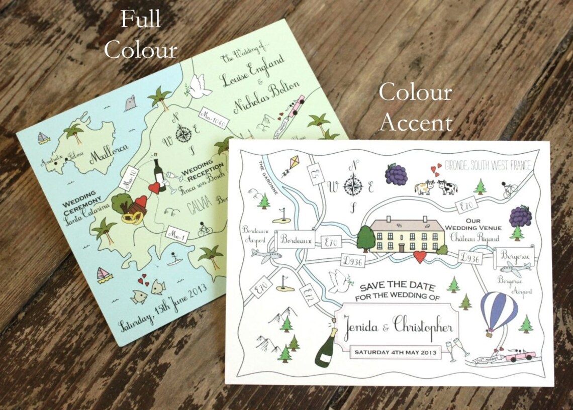 Custom Map Wedding Invitation or Info Card Colour Accent Luxury ...