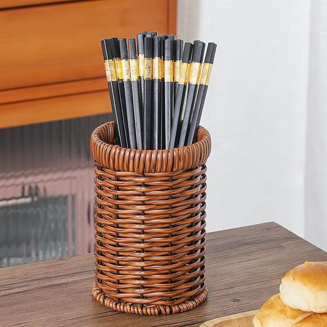 Handwoven Rattan Utensil Holder, Chopsticks & Spoon Organizer, Wicker ...