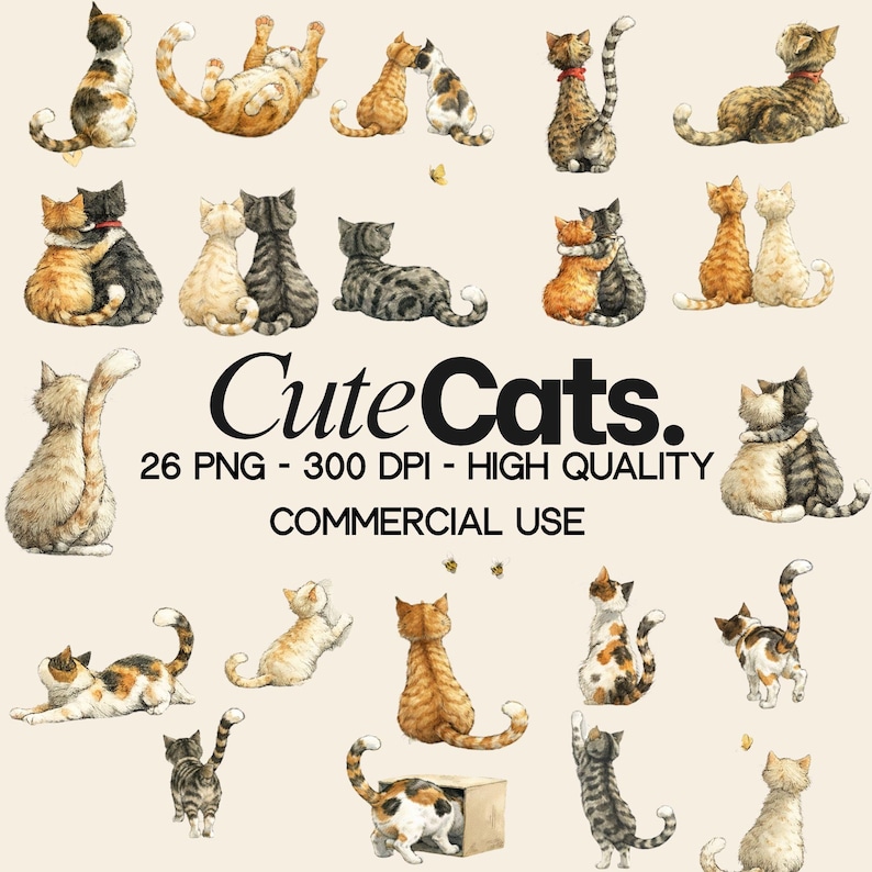 Cats From Behind 26 PNG Clipart | Watercolor Back View Cats ...