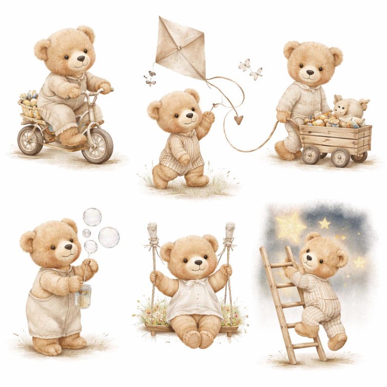Watercolor Teddy Bear Clipart: Boho Nursery PNG Bundle (digital ...