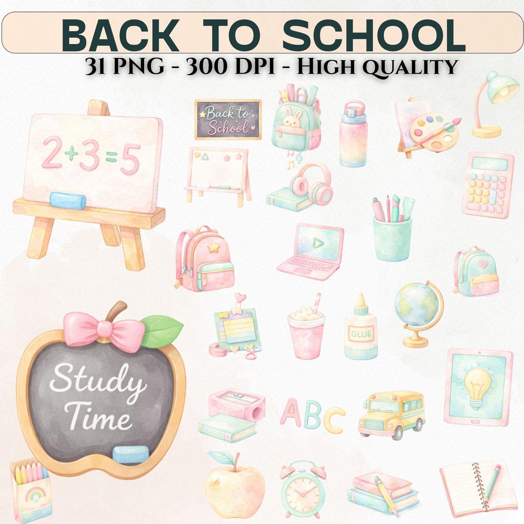 Pastel Watercolor School Clipart, Classroom Decor (31 PNG) - Etsy