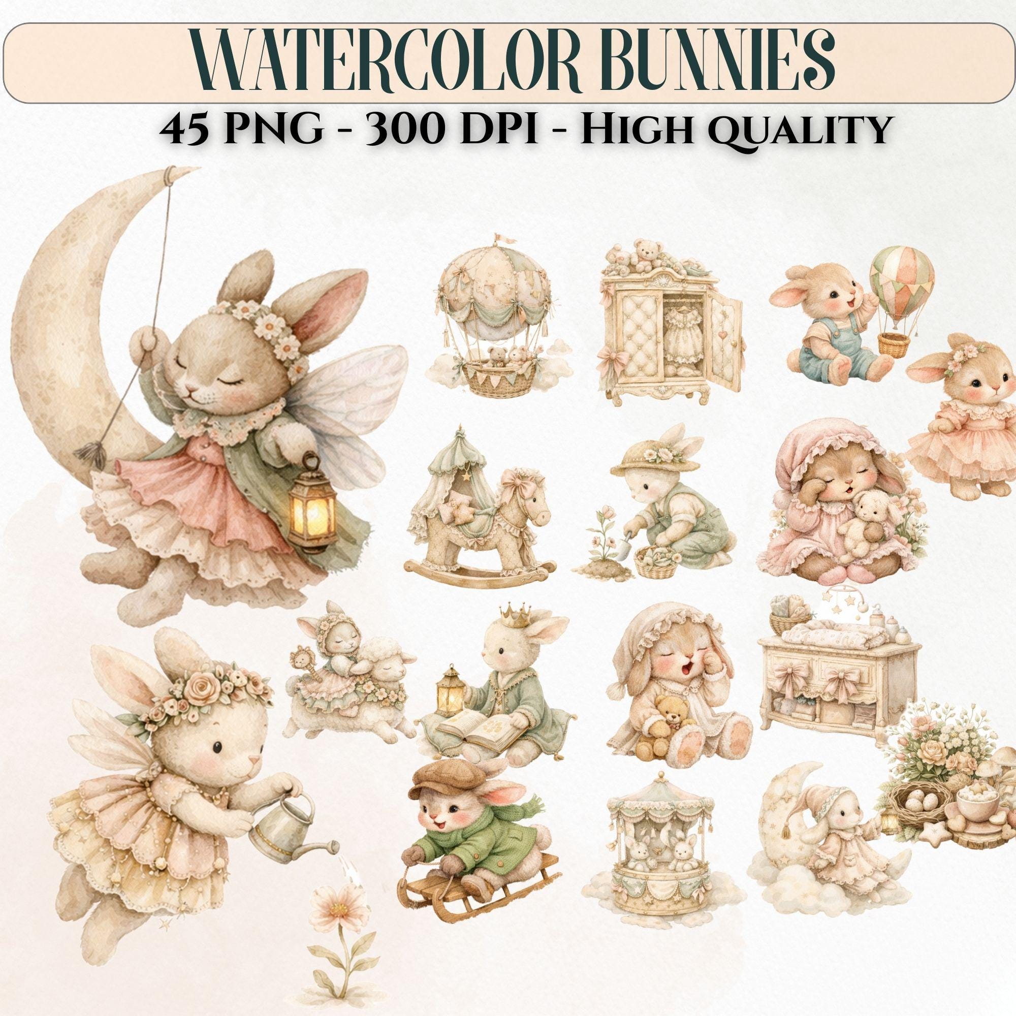 Watercolor Bunny Clipart, Cute Easter Rabbits PNG, Springclipart, Pink ...
