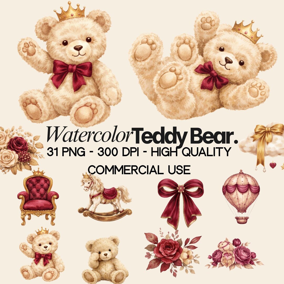 Watercolor Teddy Bear Clipart: Neutral Boho Nursery PNG (31 Images ...