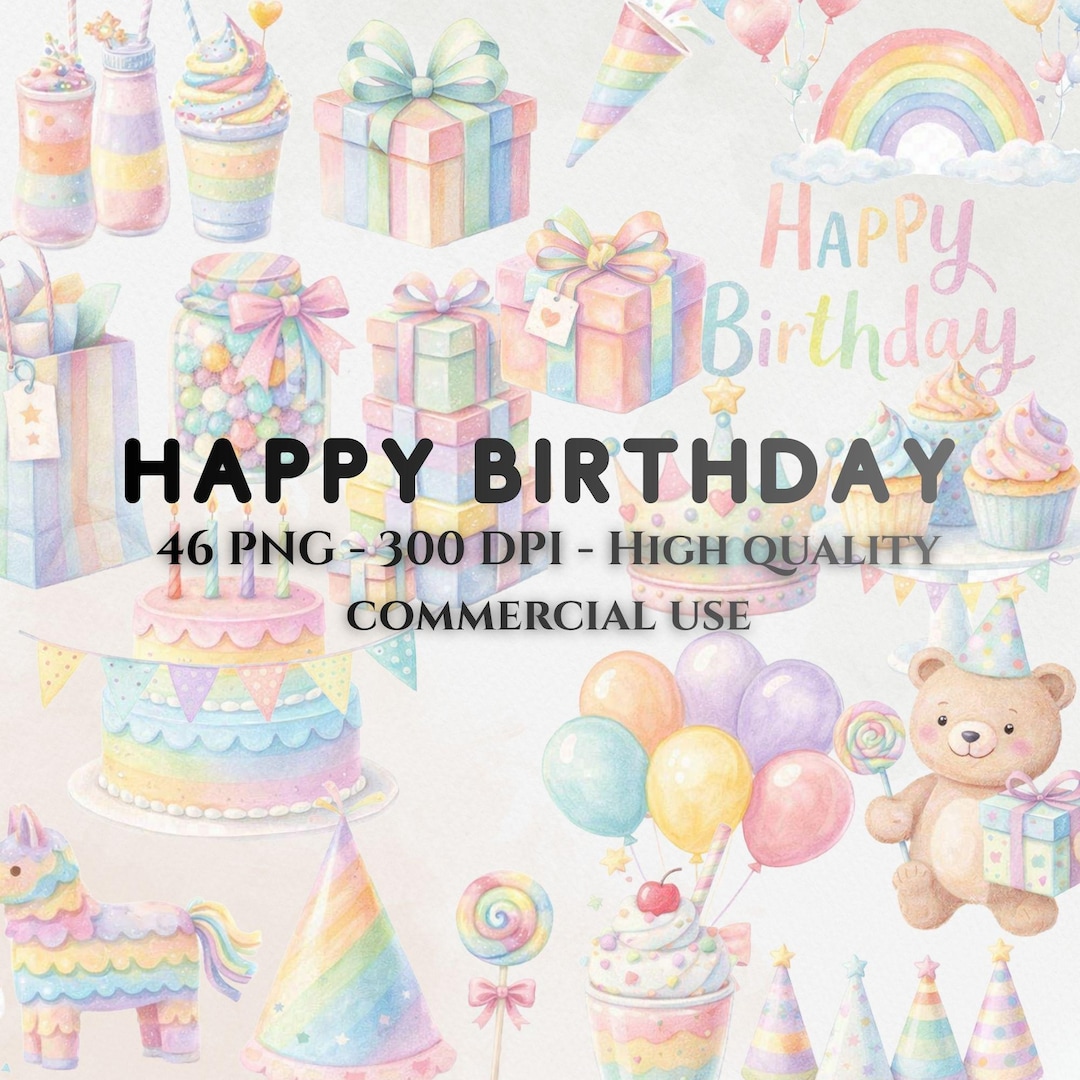 Pastel Birthday Party Clipart Set, Celebration PNG Graphics (digital ...