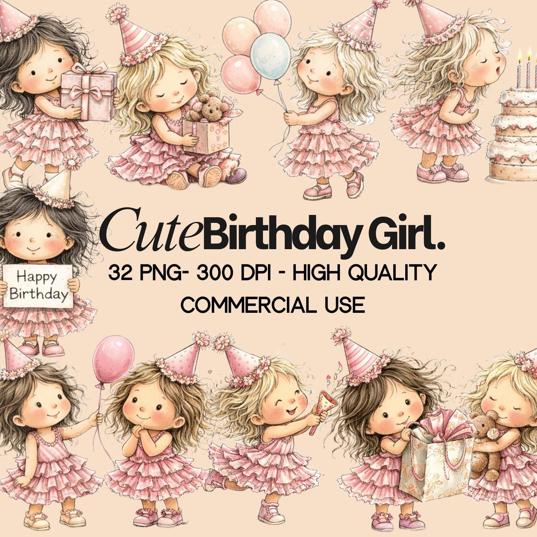 32 PNG Cute Birthday Girl Quirky Clipart: Whimsical Kids Graphics ...