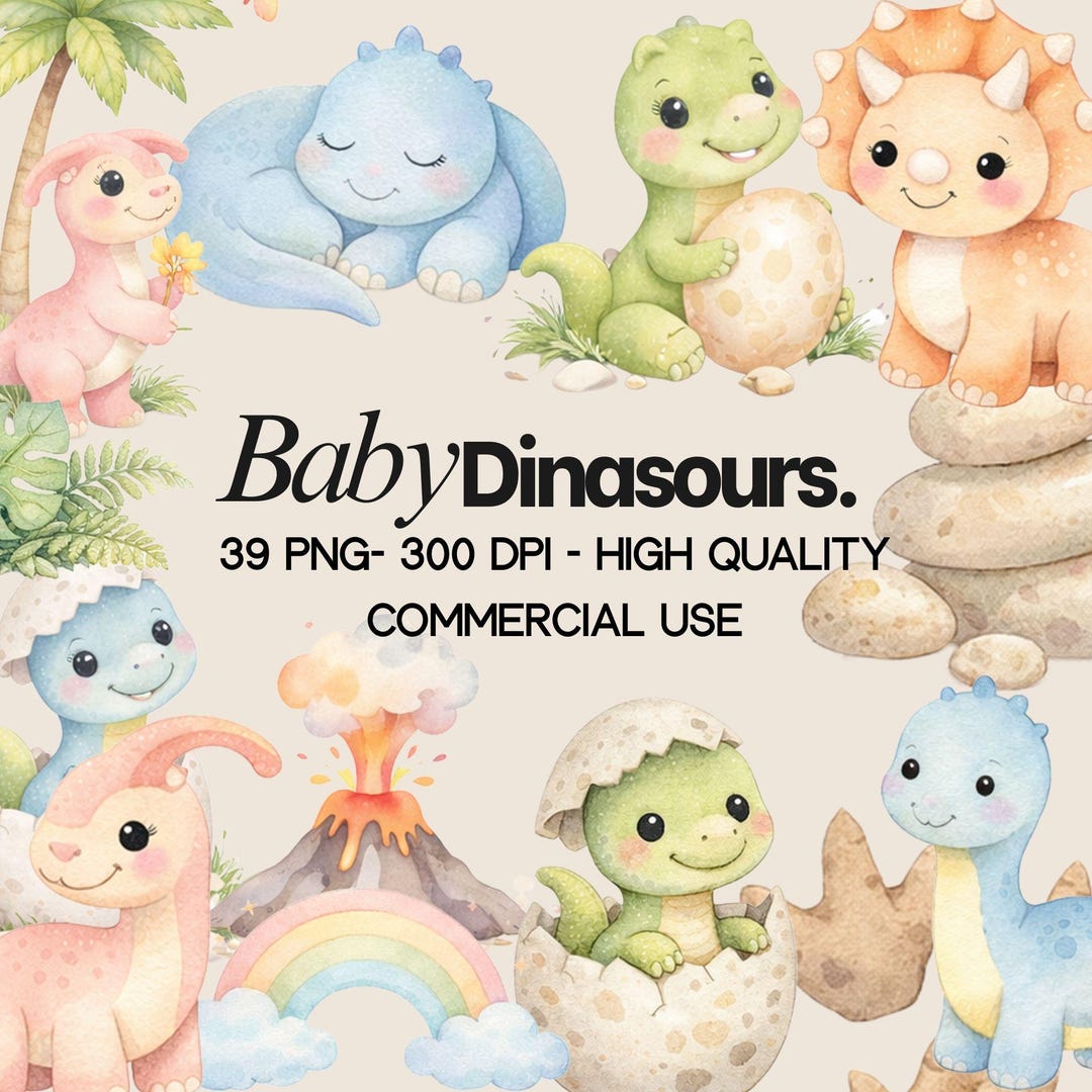 Watercolor Baby Dinosaur Clipart Bundle, Nursery Decor (PNG) - Etsy