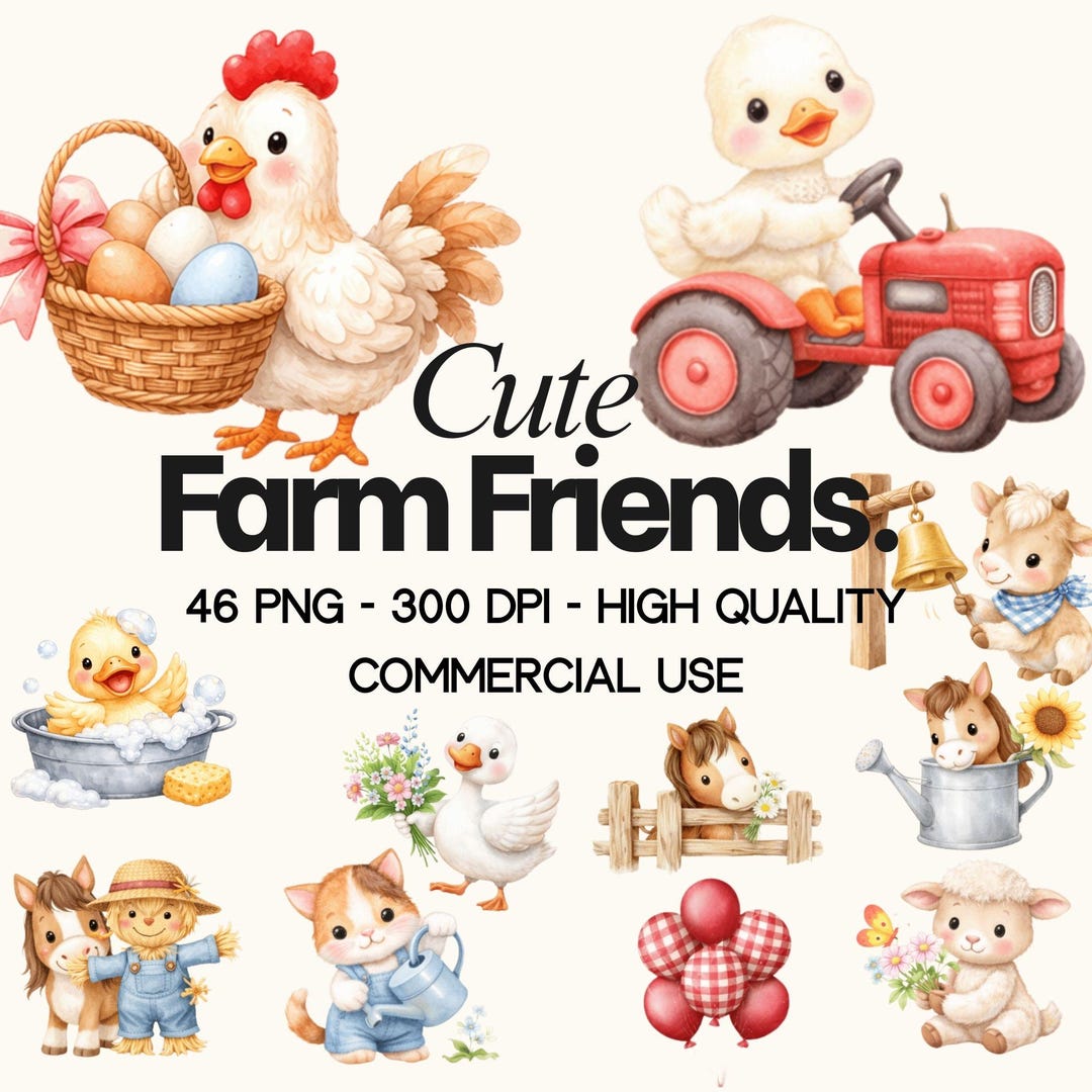 Watercolor Farm Animal Clipart Bundle – Chibi Barnyard Friends ...