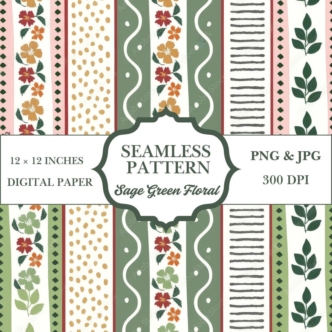 Sage Green Floral Digital Paper | Seamless Flower Pattern | 12x12 ...