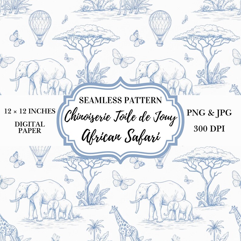 Blue African Safari Toile Pattern | Chinoiserie Nursery Wallpaper (PNG ...