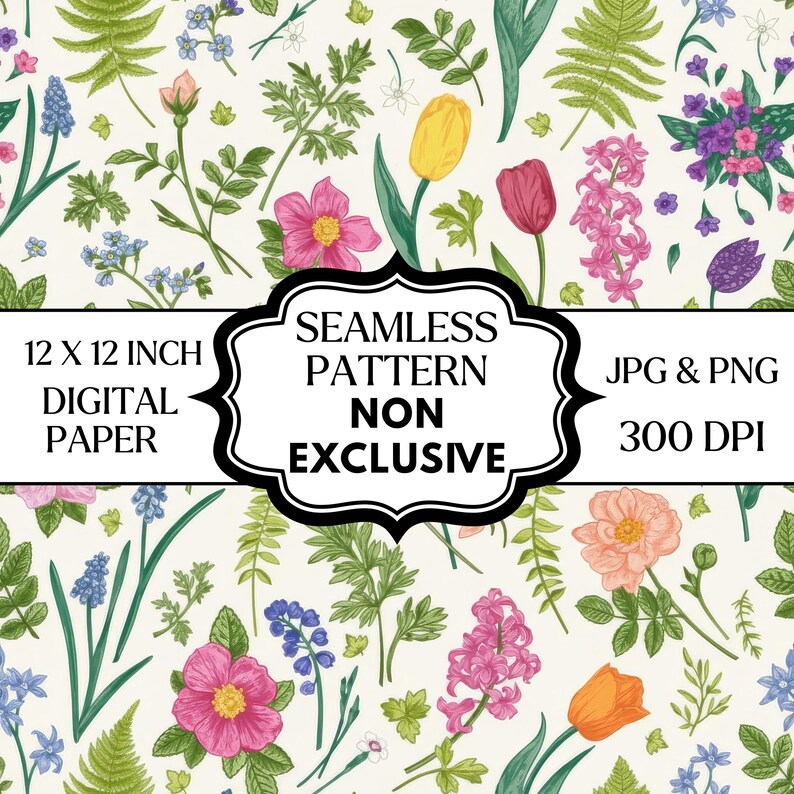 Seamless Floral Pattern Digital Paper, Botanical Flower Pattern PNG JPG ...