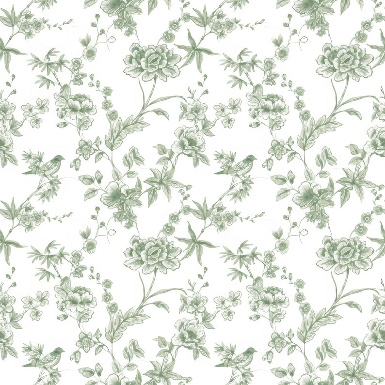 Sage Green Victorian Bird Toile Pattern, Floral Digital Paper (PNG JPG ...