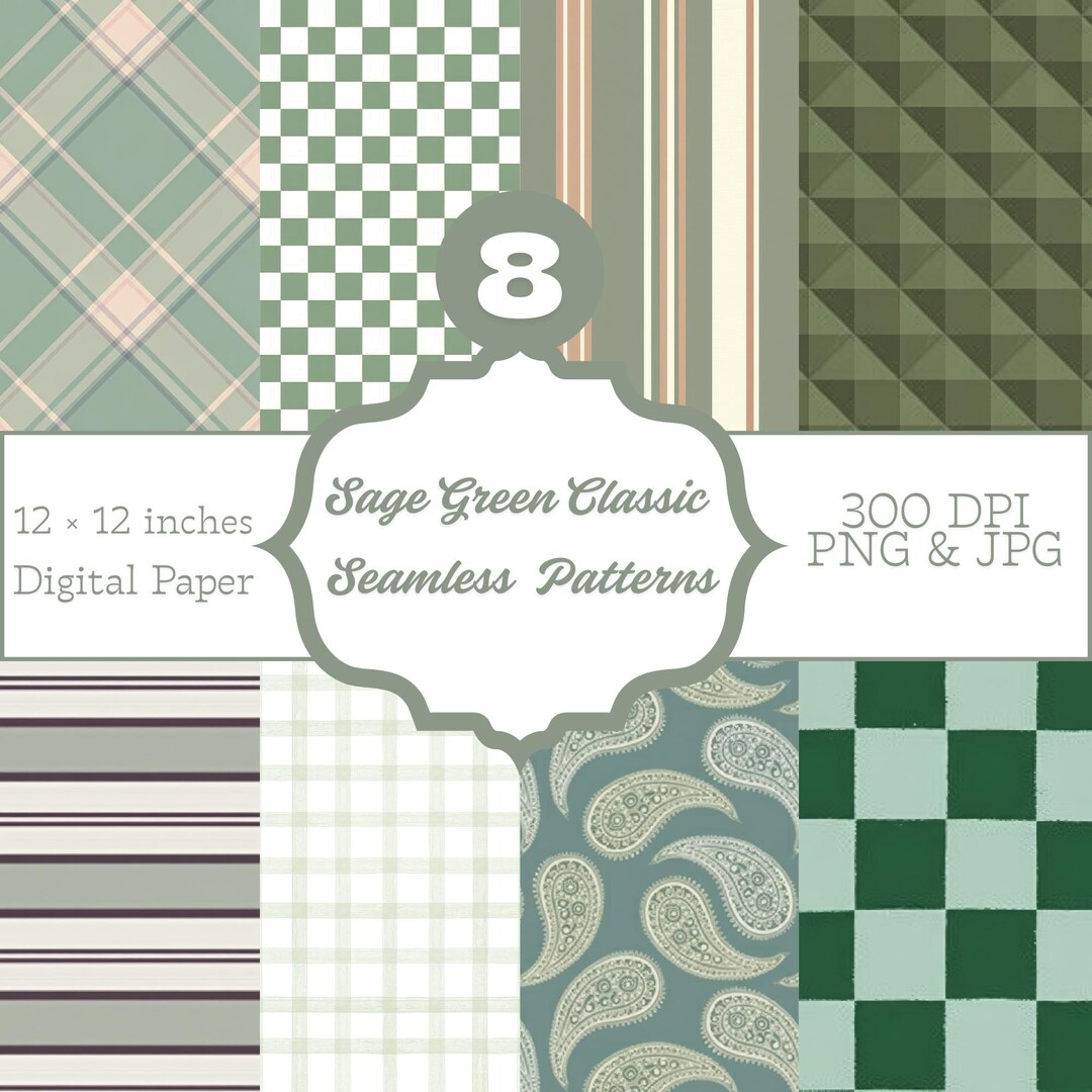 Sage Green Digital Paper | Seamless Classic Patterns | Plaid Stripes ...