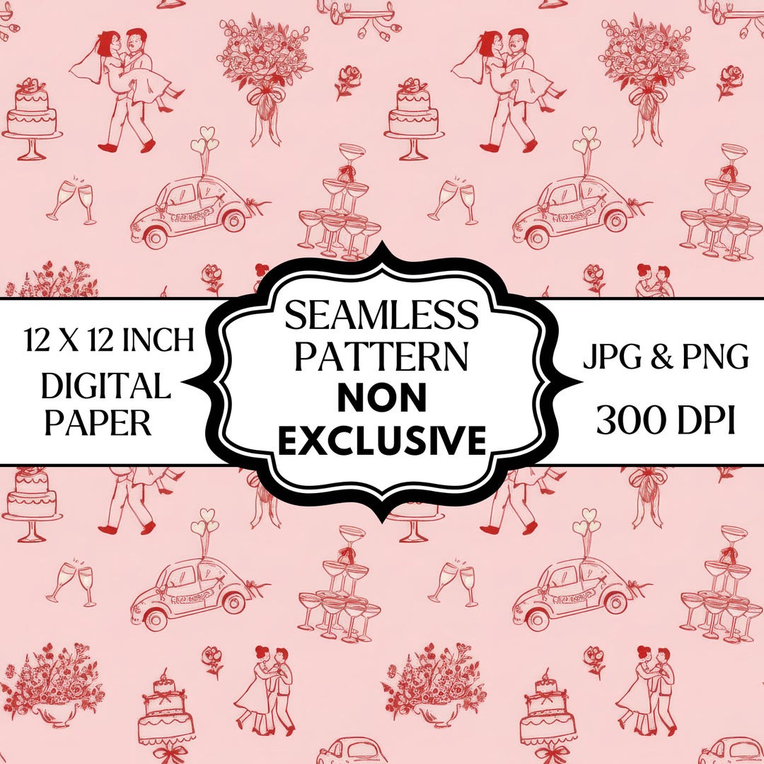 Wedding Seamless Pattern Digital Paper, Bridal Couple Toile Design ...