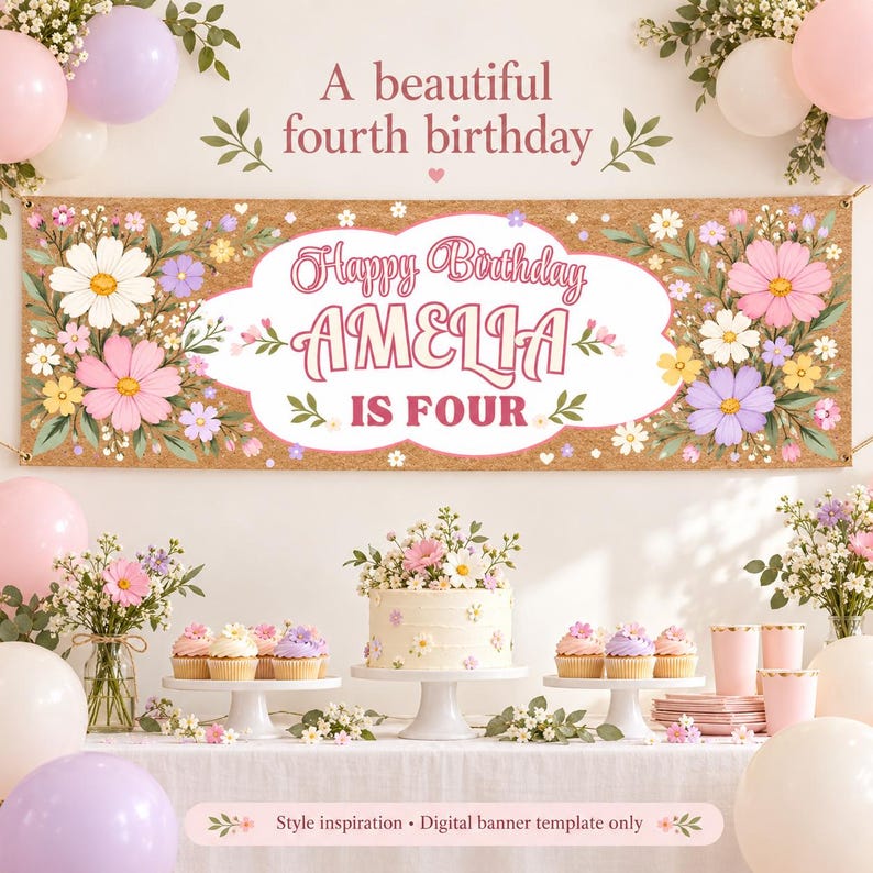 Pink Floral Fourth Birthday Banner Template, Editable Canva, 2x6 Ft - Etsy