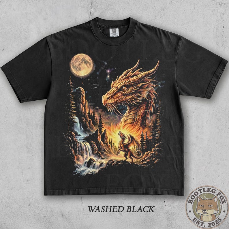 Dragon Vintage Moon 90s Washed Graphic T-shirt, Retro Fantasy Fire ...