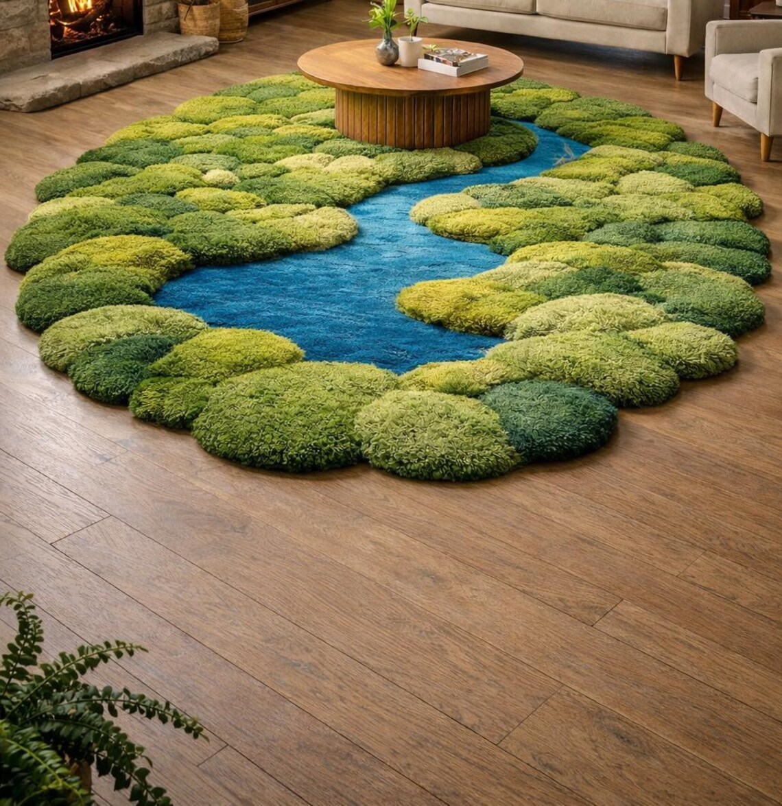 Handmade Moss River Tufted Rug, Nature Landscape Carpet, Botanical ...