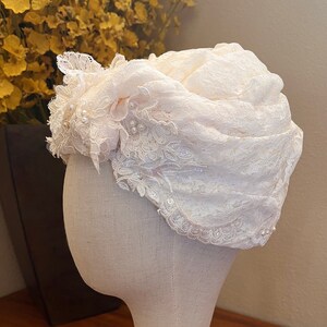 Ivory Pearl Bridal Turban, Antique Lace Beaded Hat for Muslim Bride ...