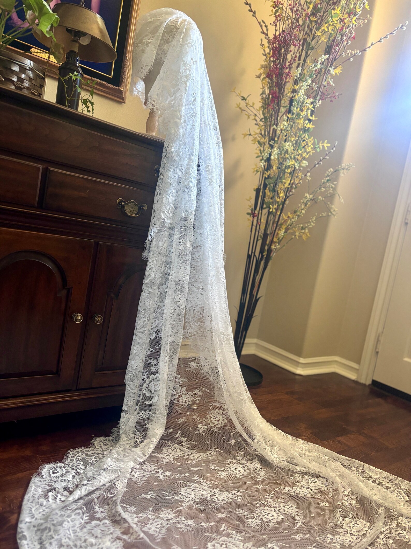 White Floor Length Soft French Lace Mantilla Wedding Veil + Short Chin ...