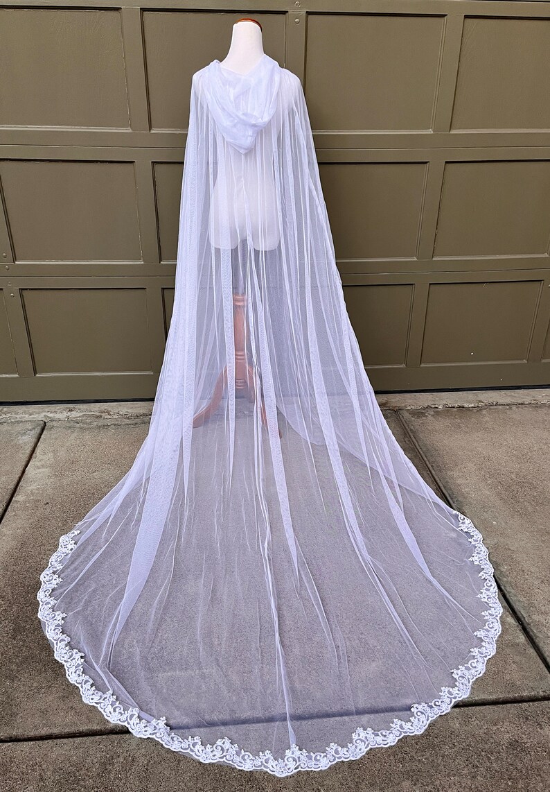 White English Net Wedding Cape With Hood 85 Inch Cathedral Length Lace ...