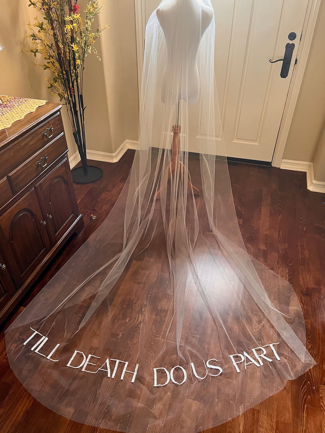 Hailey Bieber Cathedral Wedding Veil Til Death Do Us Part Embroidered ...