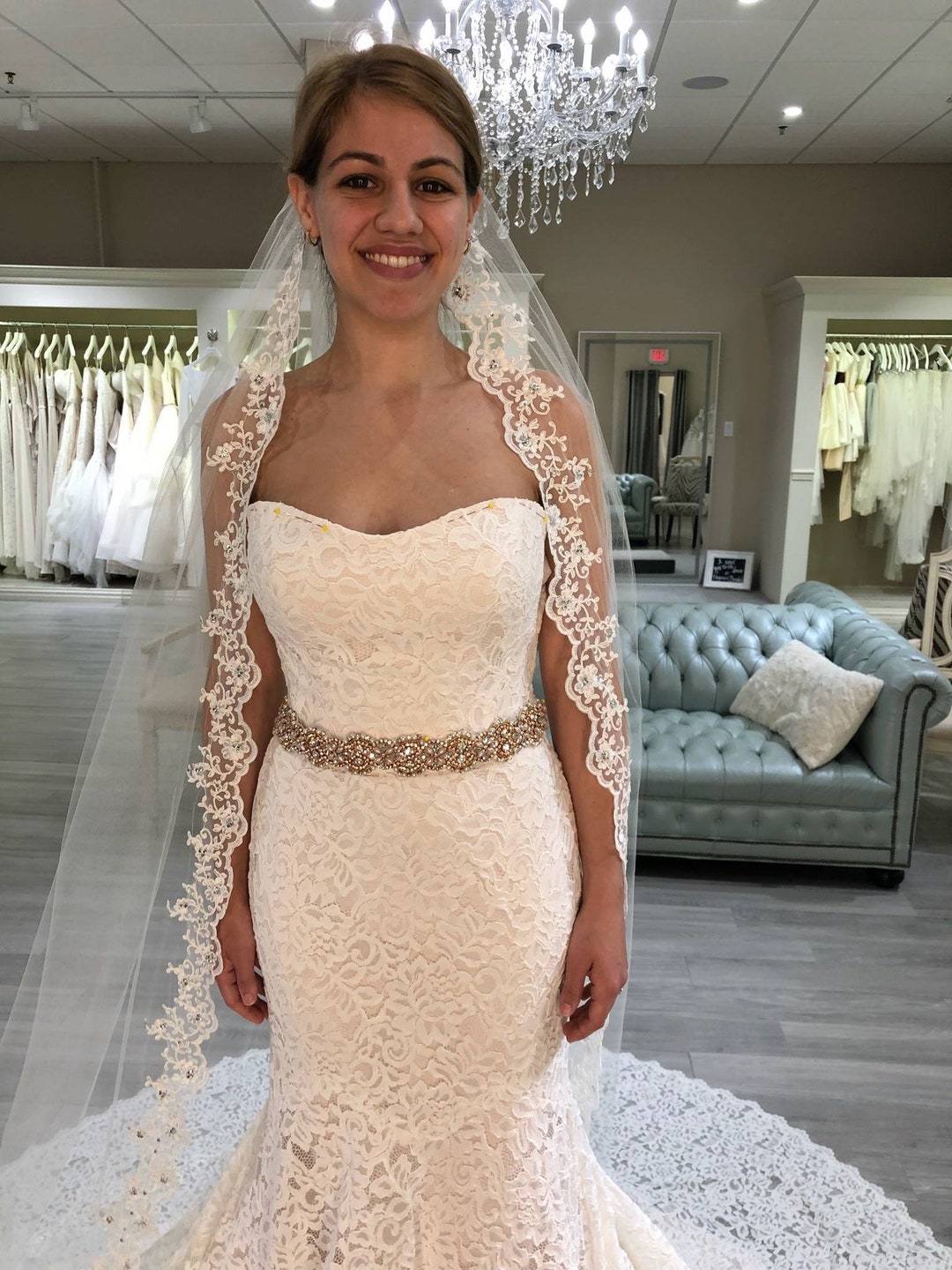 All Lace Chapel Wedding Veil, Lace Bridal Veil, Lace Veil Ivory Veil ...